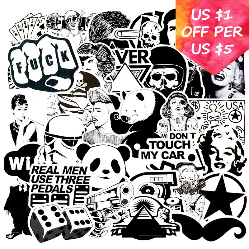 100Pcs-Random-Black-And-White-Stickers-For-Suitcase-Skateboard-Laptop ...