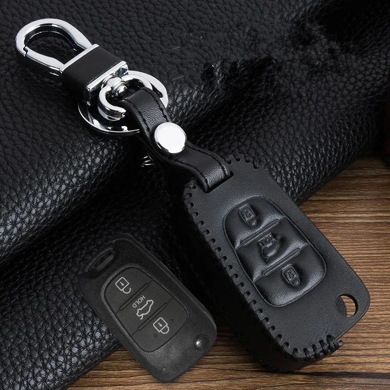 3 Buttons Leather Car Key Cover case Bag Holder Keychain for Hyundai ...