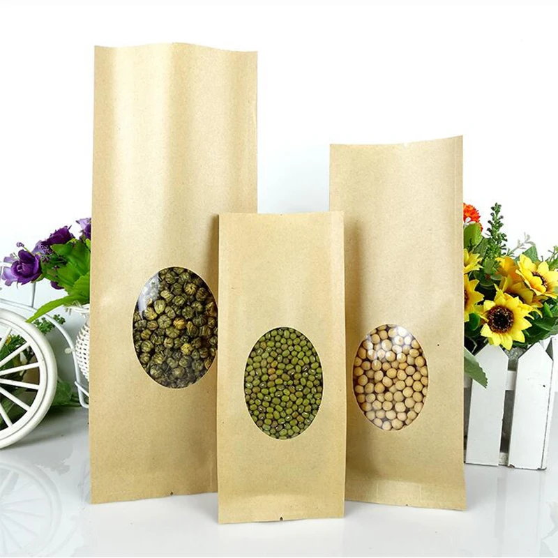 100pcs Open Top Kraft Paper Bag With Window For Packaging Brown ...