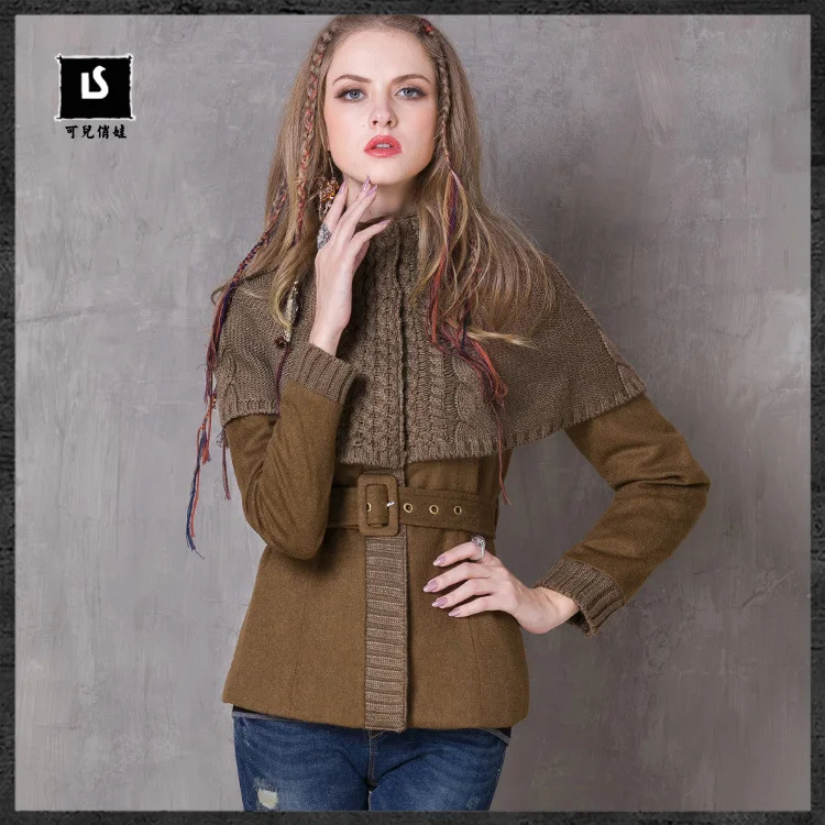 2017 Winter New Slim False Two Vintage Belt Shawls Woolen Coat Bomber ...