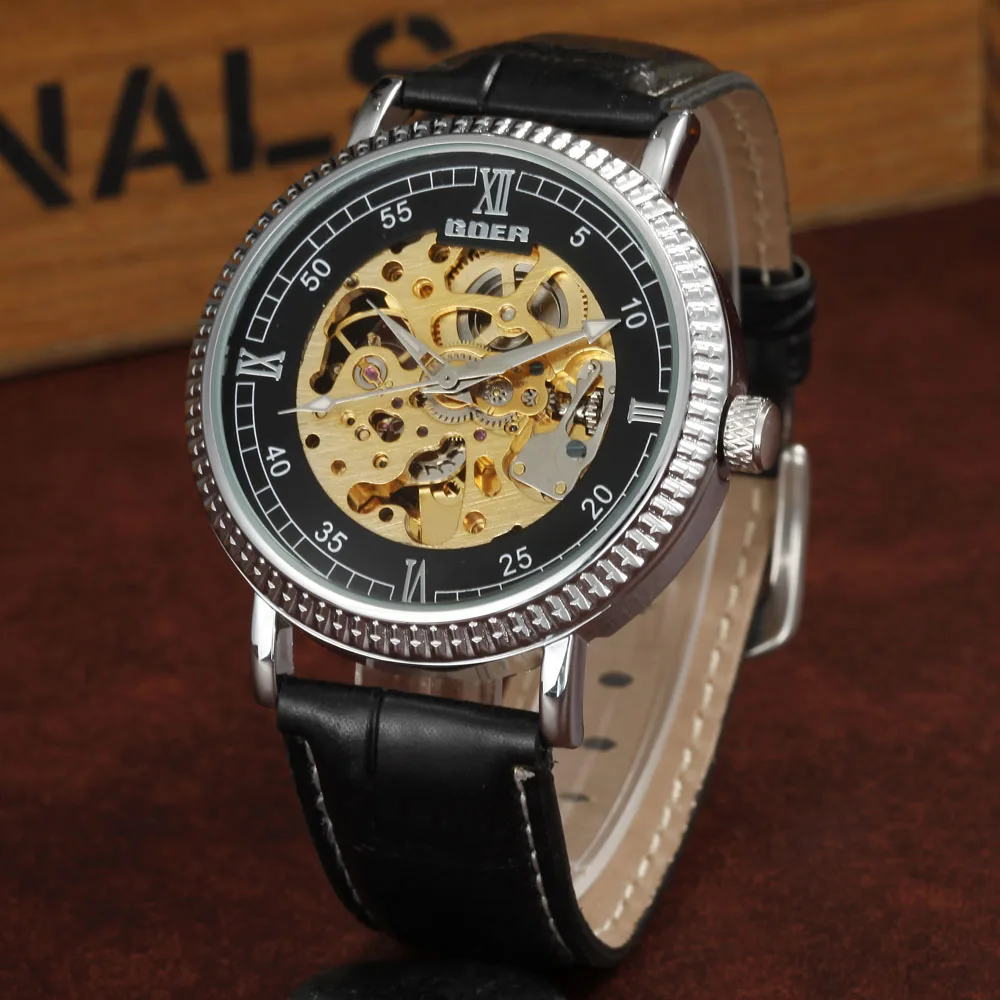 Relógios mecânicos de ouro masculino couro do plutônio automático auto ...