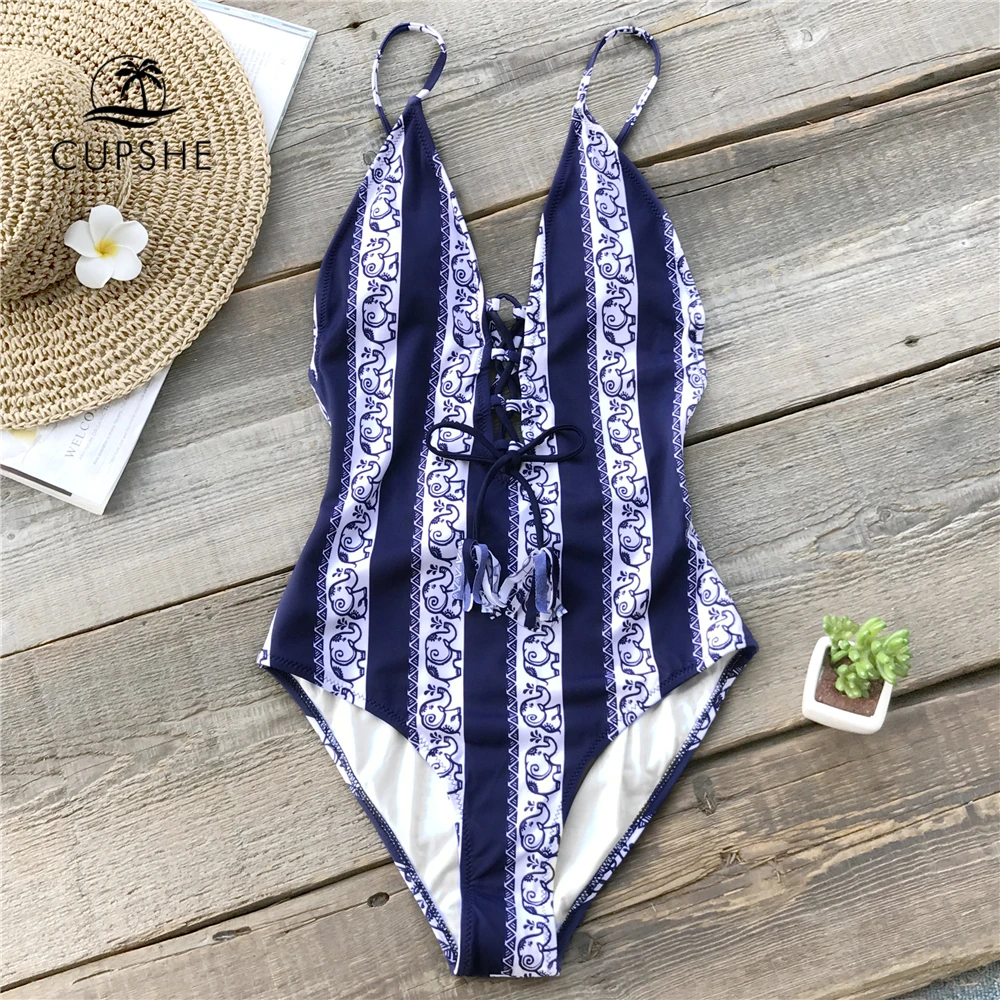 Cupshe Blue Elephant Tie Dye One Piece Swimsuit Women Lace Up Backless