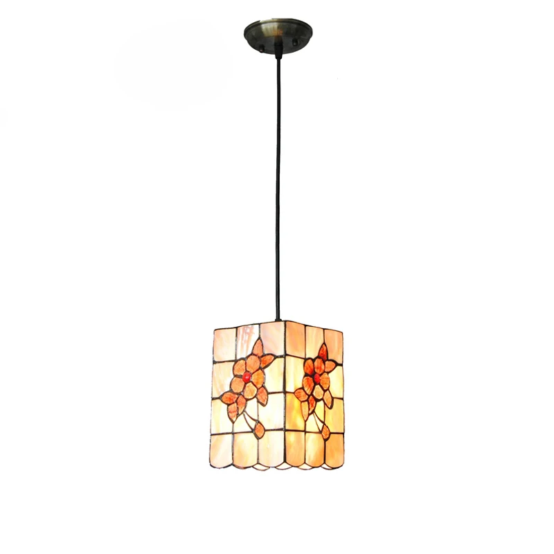 7" Vintage Tiffany Cube Shell Pendant Lamp European Flower Stained ...