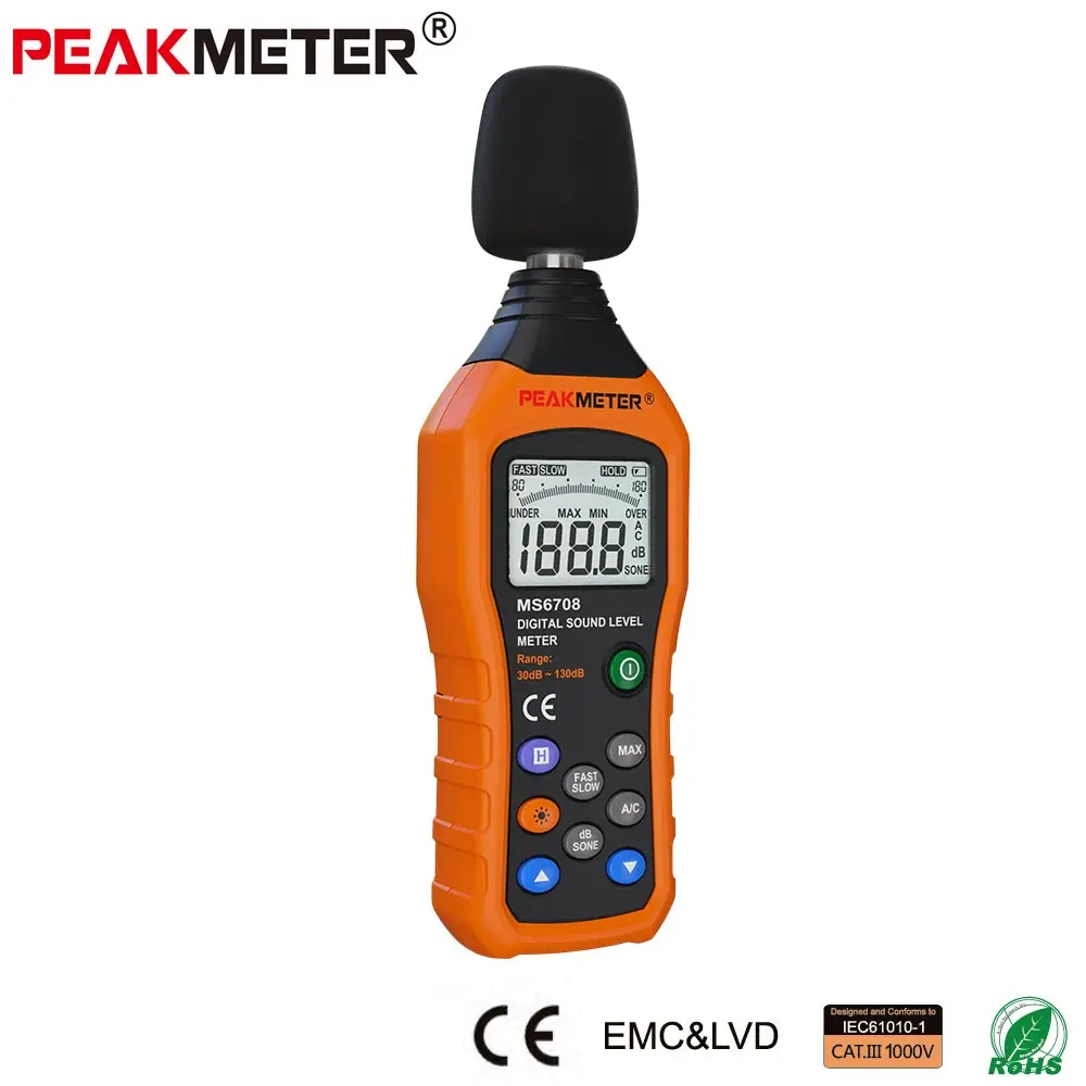 PEAKMETER MS6708 LCD Digital Audio Decibel Sound Noise Level Meter dB Meter Measuring Logger ...