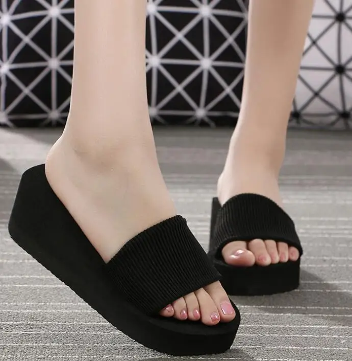 2018 New Girls Slipper Black Sole Summer Wedges Heel Slipper Shoes Female 35 40 T013 In Slippers