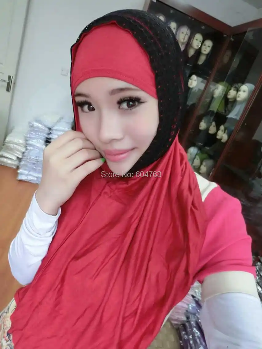 HT010 HIGH quality cotton lace Two pcs arabic hejab LONG muslim 2pcs ...