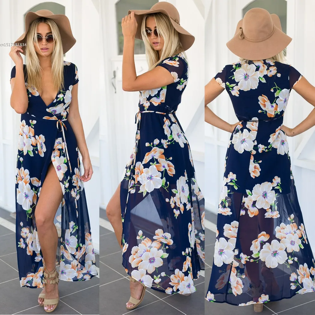 Sexy Split Crossover Neck Summer Chiffon Dress High waist Short Sleeve ...