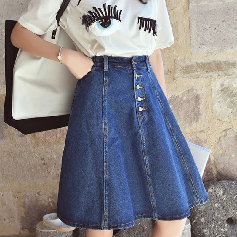 Summer High Waist Cowboy Skirt Denim A line Knee length Skirt School ...
