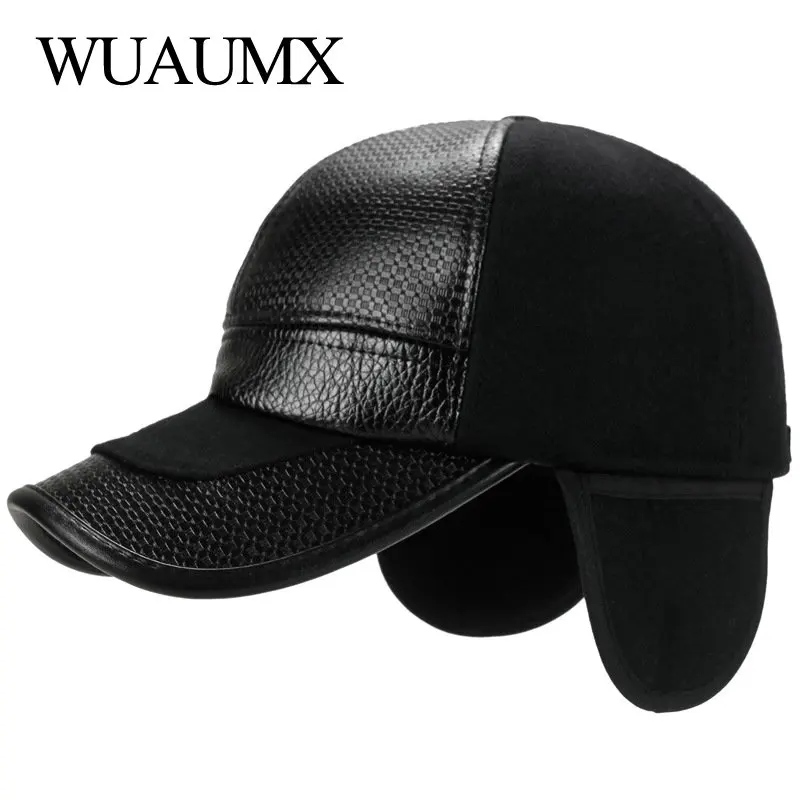 NEW-Fall-Winter-Baseball-Caps-Men-With-Ear-flaps-Cotton-PU-Leather-Warm ...