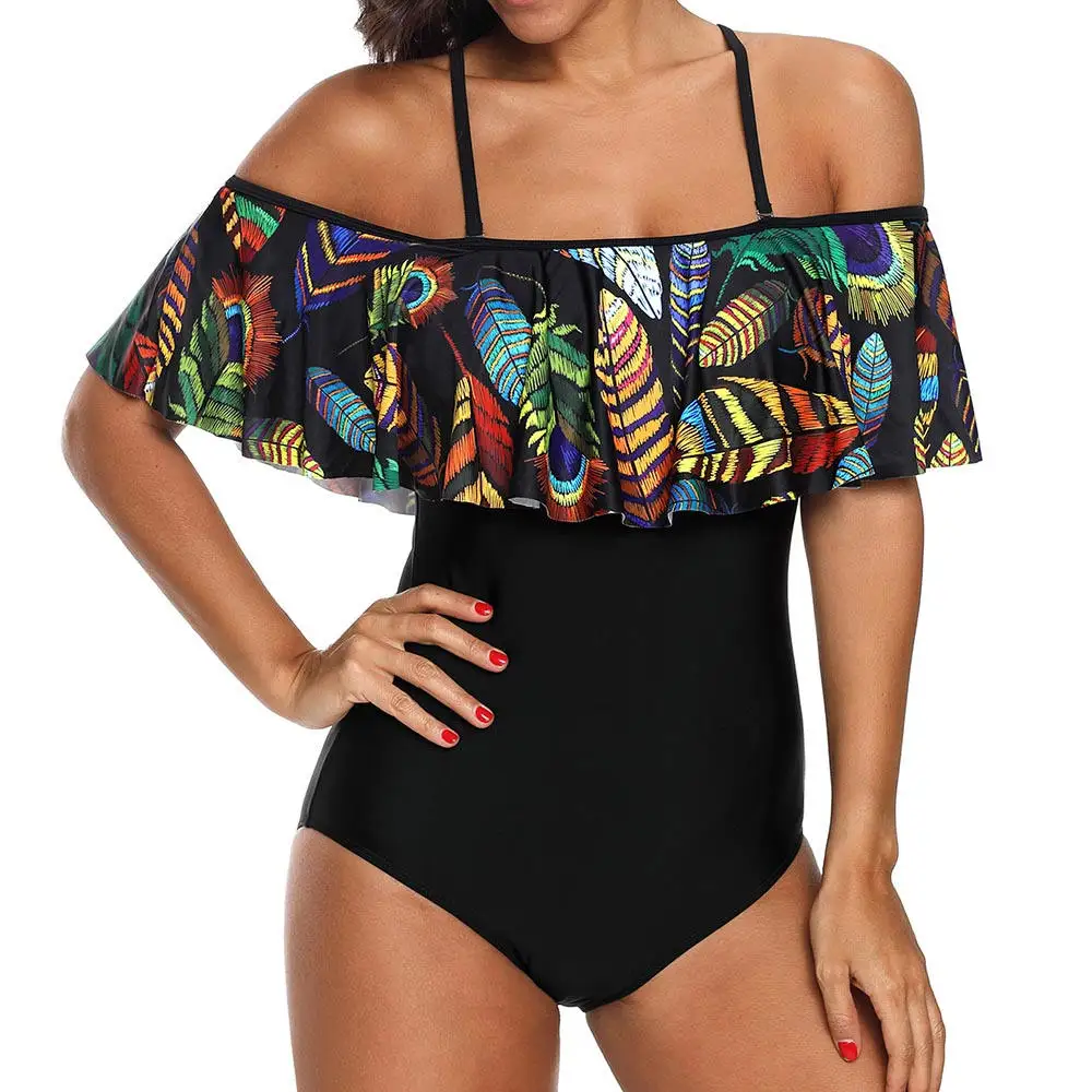 Sexy Off Shoulder One Piece Swimsuit Floral Print Swimwear Women Ruffle