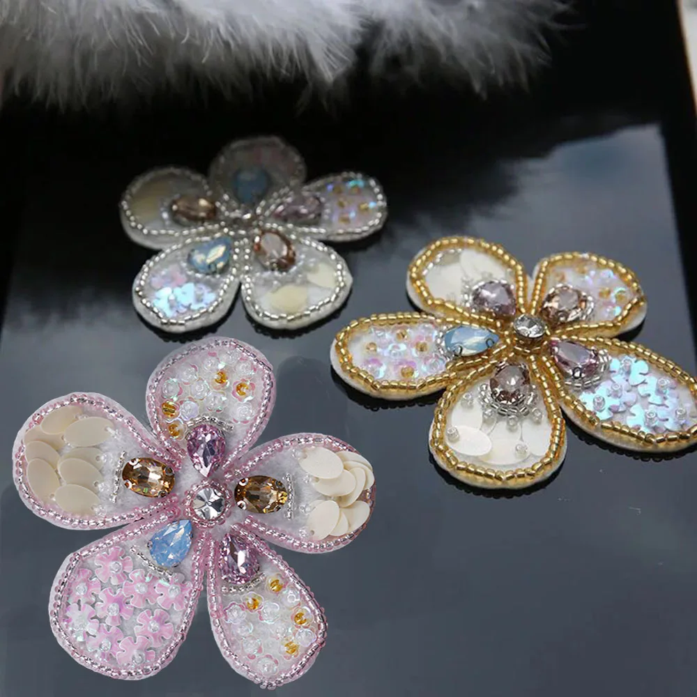 3 pieces Handicraft Floral Patches Beads Sew on Clothes Decoration ...