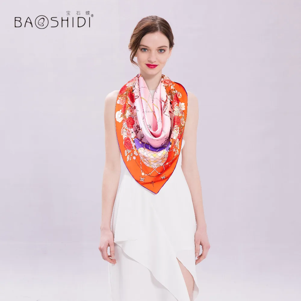 100% Silk Twill Square Scarf 90*90cm, Floral Female Scarves, Hand ...