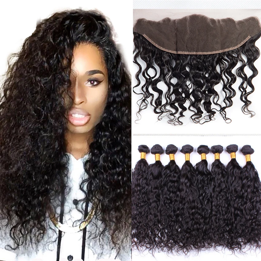 13x4 Ear To Ear Water Wave Lace Frontal Closure With 3 Bundles 8a