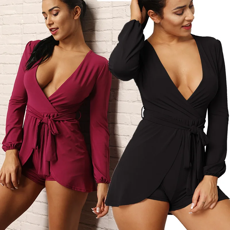 Fanieces Sexy Clubwear Deep V Neck Jumpsuit Romper Women Lace Up Waist