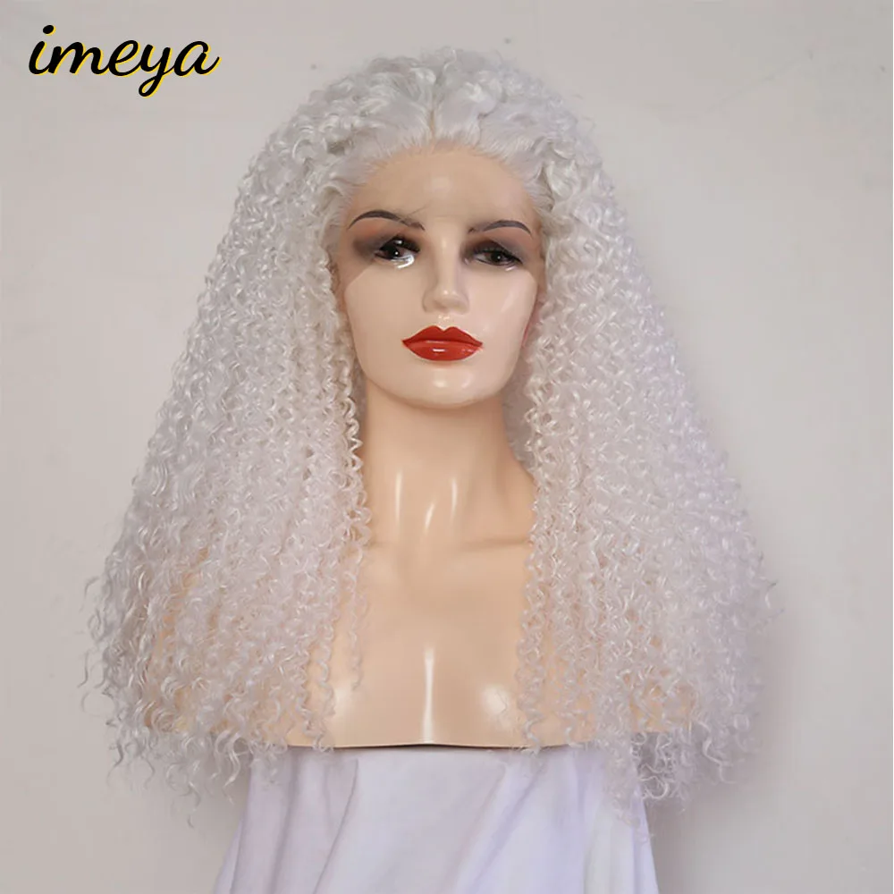 Imeya Curly Wigs Long Synthetic Lace Front Curly Wigs White Color Heat