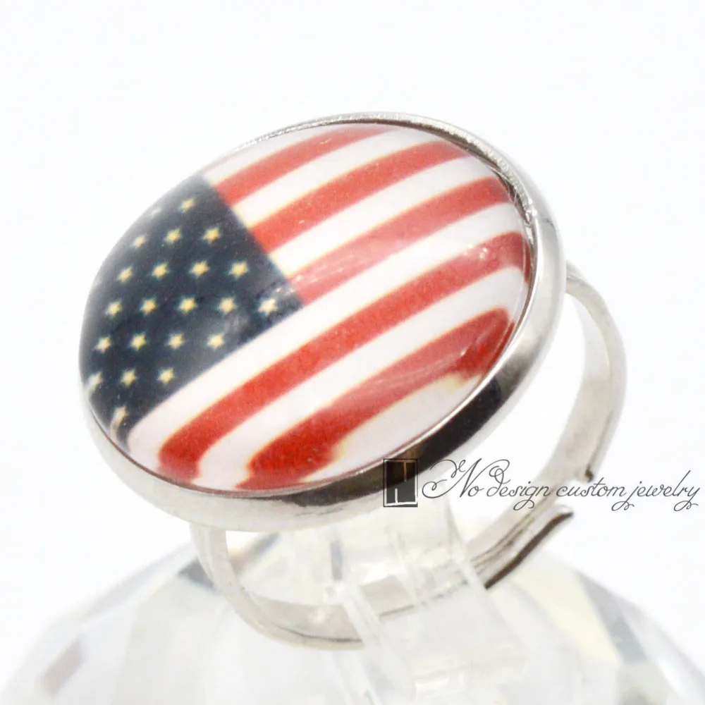 Cabochon American Flag Ring Charms Round Glass Dome Silver Plated Ring ...