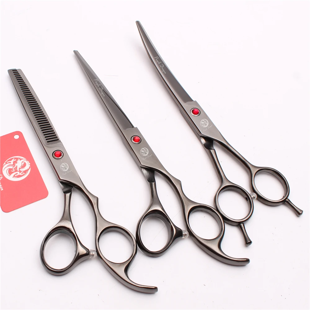 3Pcs Suit 7'' Japan Black Cutting Shears +Thinning Scissor +UP Curved ...