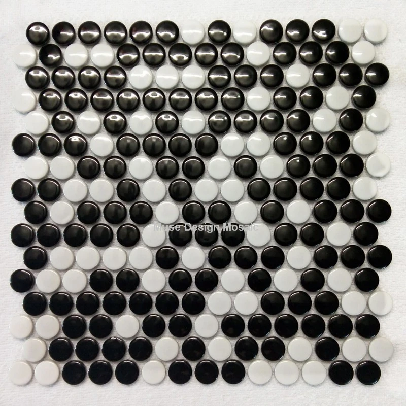 Penny azulejo redondo de mosaico de cerámica blanco y negro brillante ...