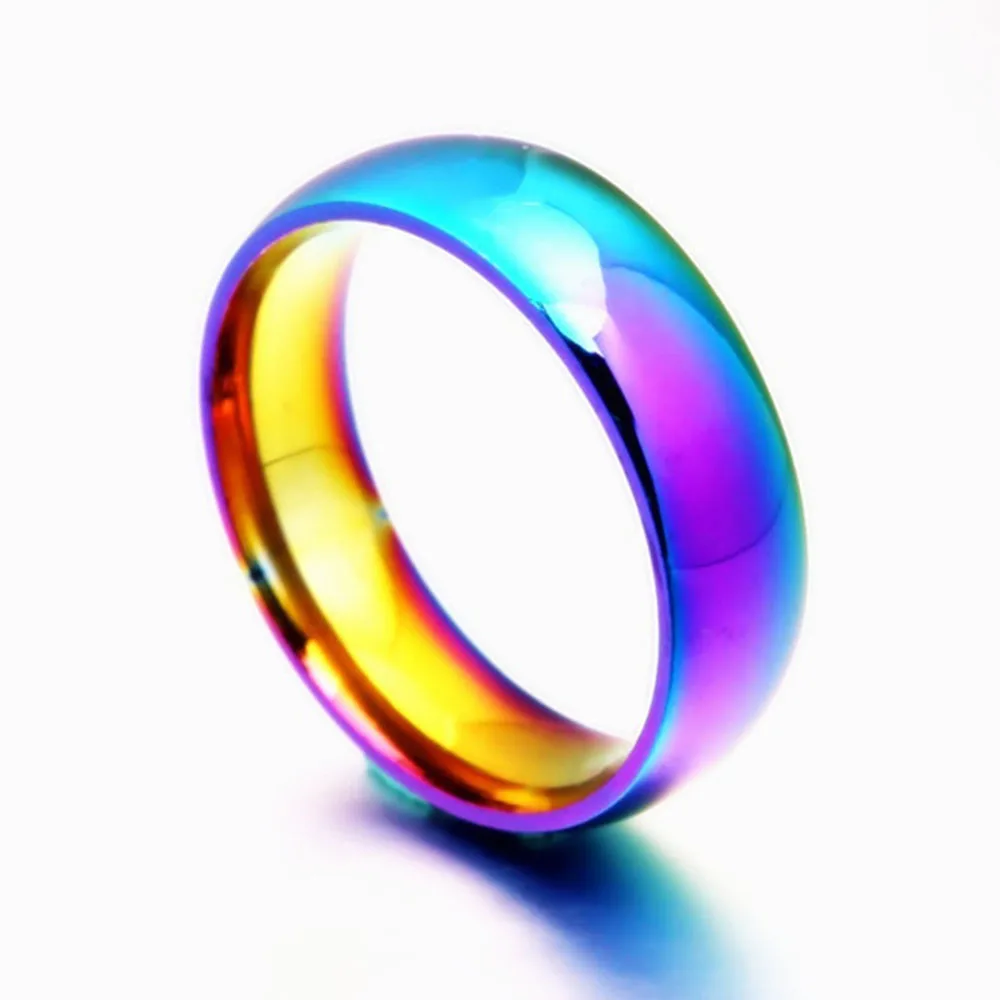 Men Women Rainbow Colorful Glare Smooth Ring Titanium Steel Wedding ...