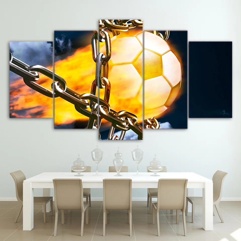 5 Panels Sports Painting Print Buring Football Art Fire Chains Oil ...