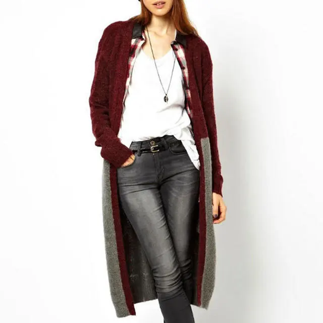 Contraste mujeres a la moda Color largo Cardigan de punto 2015 Crochet ...