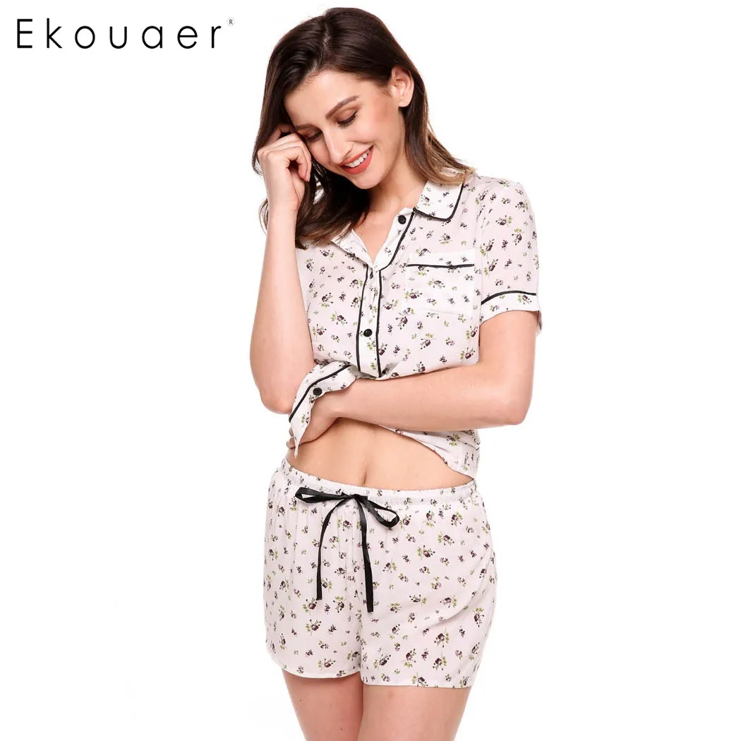 Ekouaer Print Flower Pajamas Set Womens Short Sleeve Casual Sleepwear