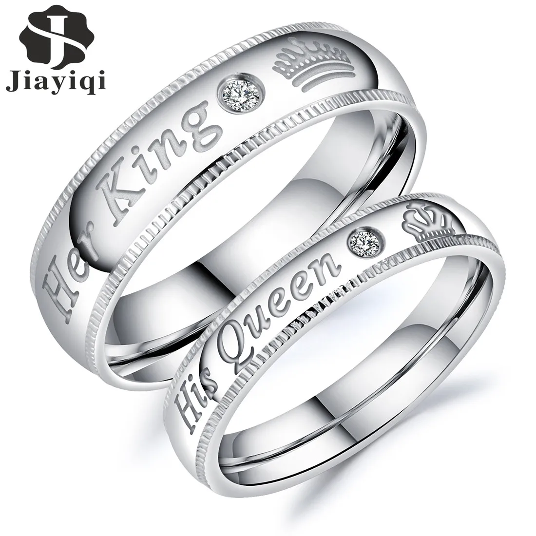 Jiayiqi Fashion Her King His Queen Ring Silver Stainless Steel CZ ...