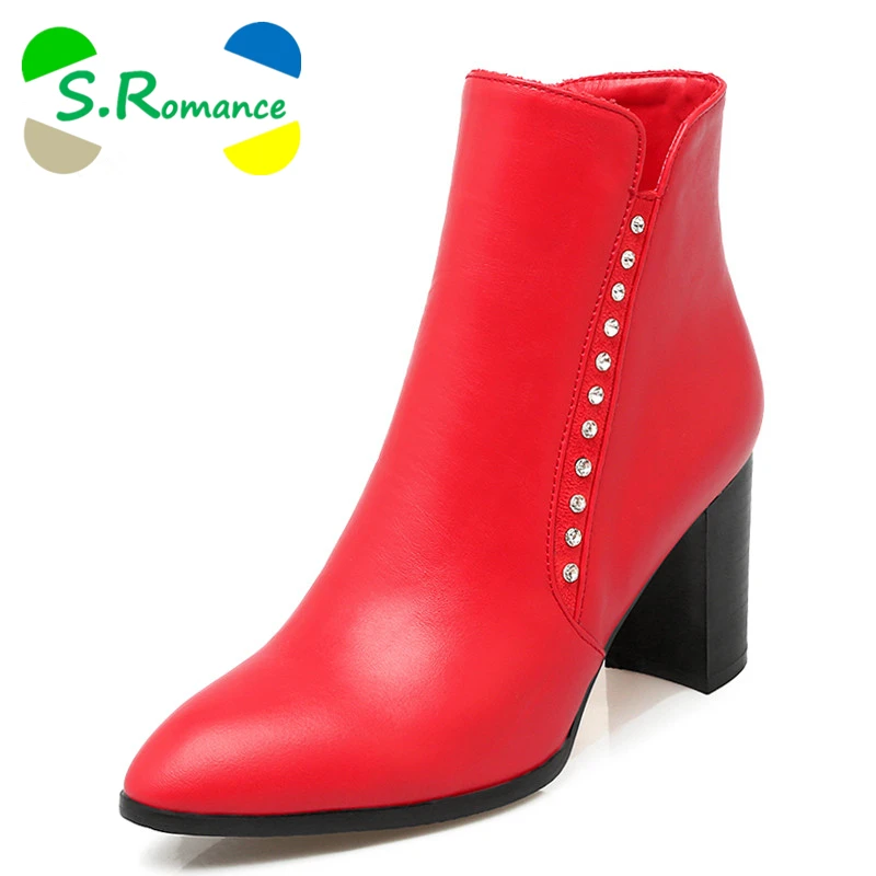 S Romance Women Ankle Boots Plus Size 34 43 Med Square Heel Zip Round
