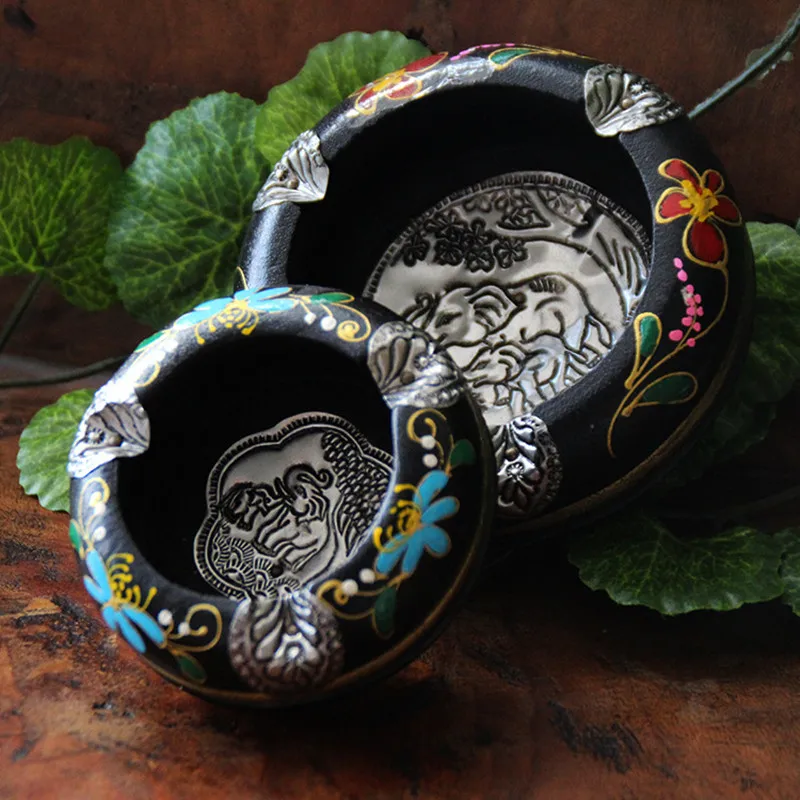 Wood Ashtray Elephants Pattern Floral Design Creative Home Decoration ...
