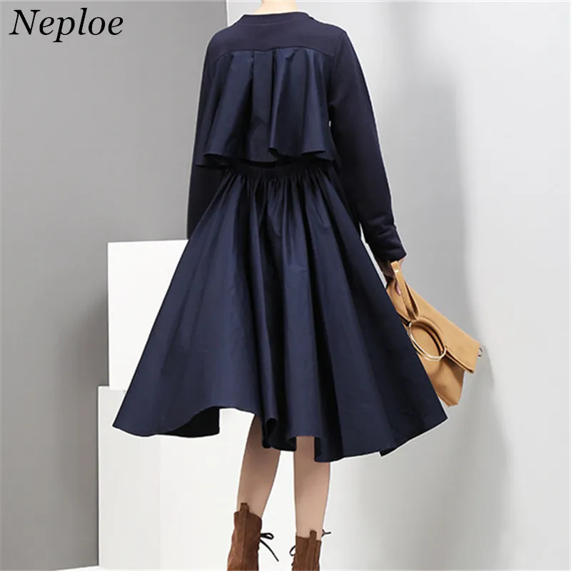 Neploe 2019 Autumn Asymmetric Long Dress New Women O Neck Patchwork