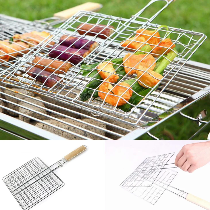 Folding BBQ Grilling Steel Net With Wood Handle Fish Meat Barbecue Mesh ...