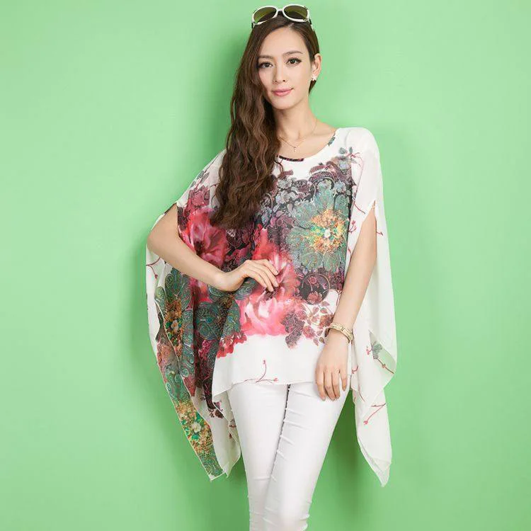 2017 New Spring Summer Womens Blouse Chiffon Batwing Flowing Irregular