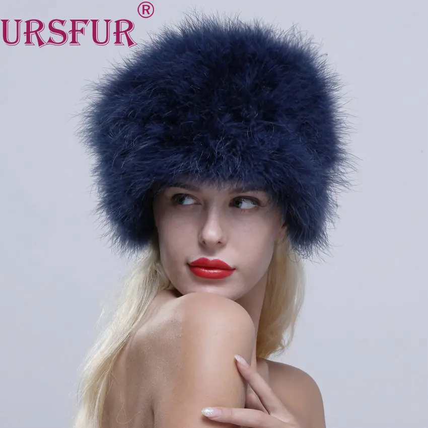 Ursfur Women Winter Fur Cap Genuine Ostrich Feather Fur Pill Box Hat ...