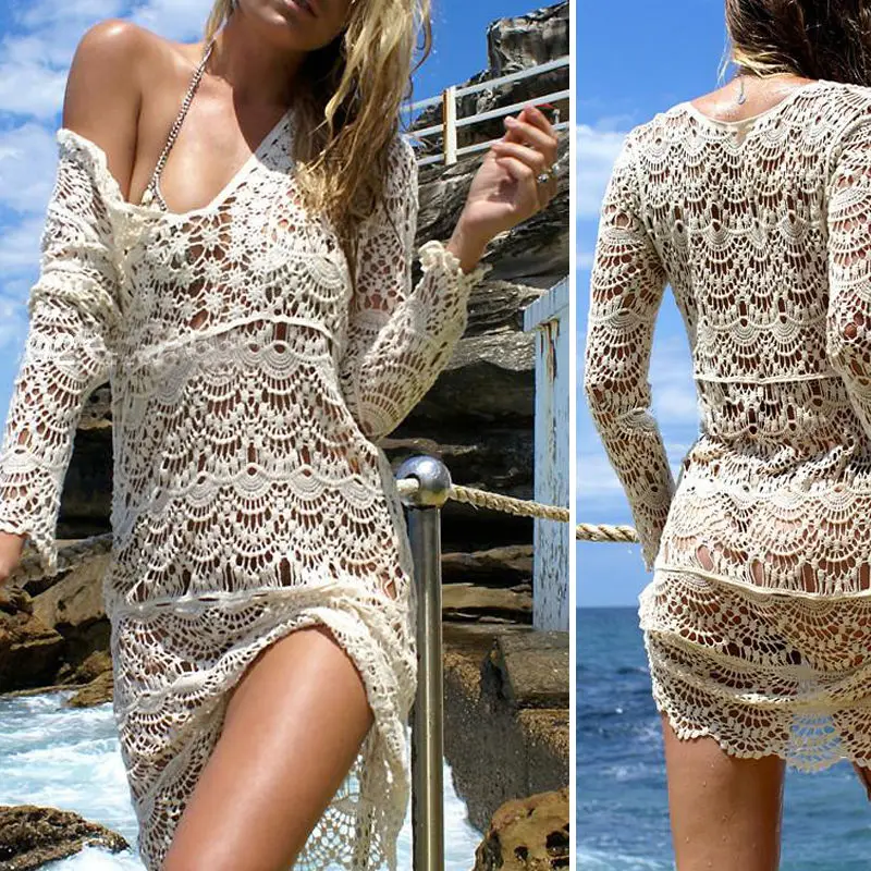 2019 Summer White Lace Beach Dress See Through Swimwear Beach Wear
