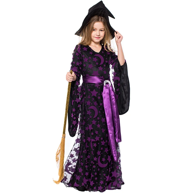 Girls-Black-Star-Moon-Stamp-Witches-Dress-Costumes-Suit-With-Hat-For ...