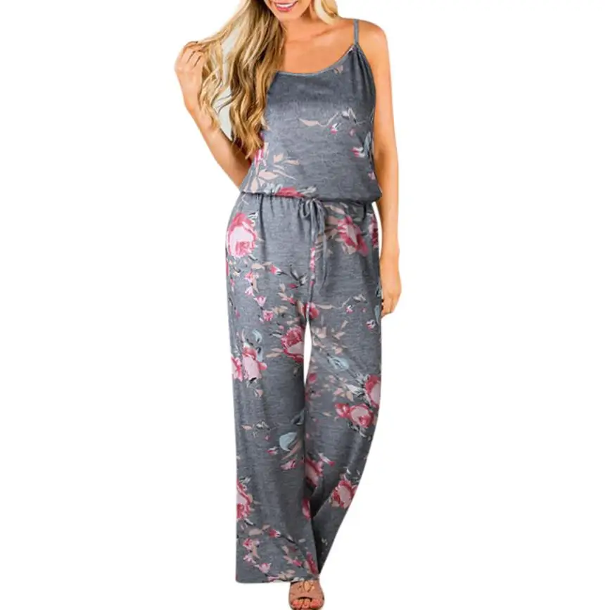 Feitong Sexy V Neck Print Jumpsuit Women Backless Lace Up Jumpsuit