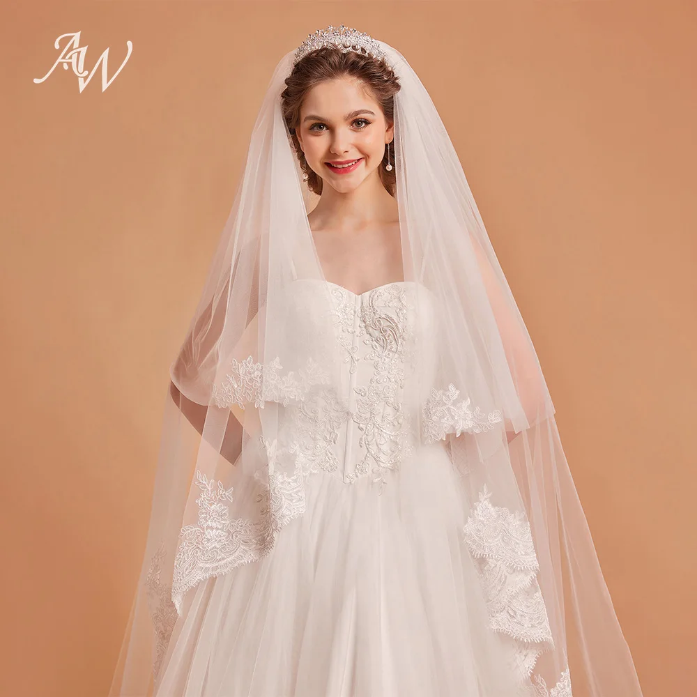 Aw Ivory Cathedral Length Wedding Veils 2 Tiers Bridal Veil Lace Edged ...