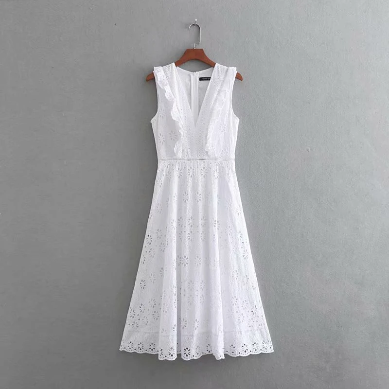 Summer 2018 Women Fashion Cutwork Embroidery Dress Lady Ruffle V Neck ... Summer 2018 Women Fashion Cutwork Embroidery Dress Lady Ruffle V Neck ...