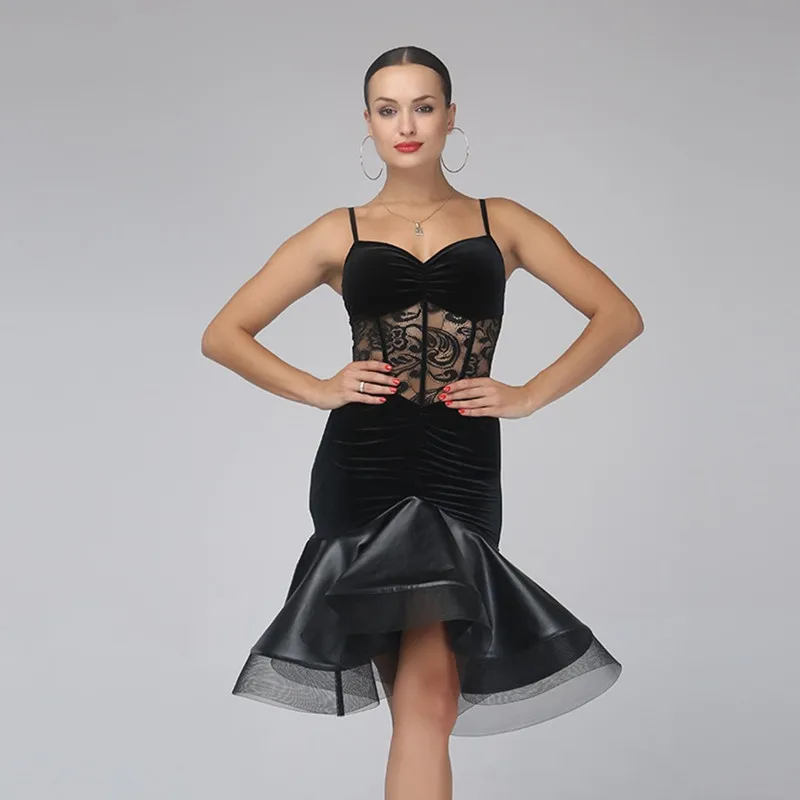 Vestido De Dança Latina Preto Veludo Feminino Vestido Latino Roupa