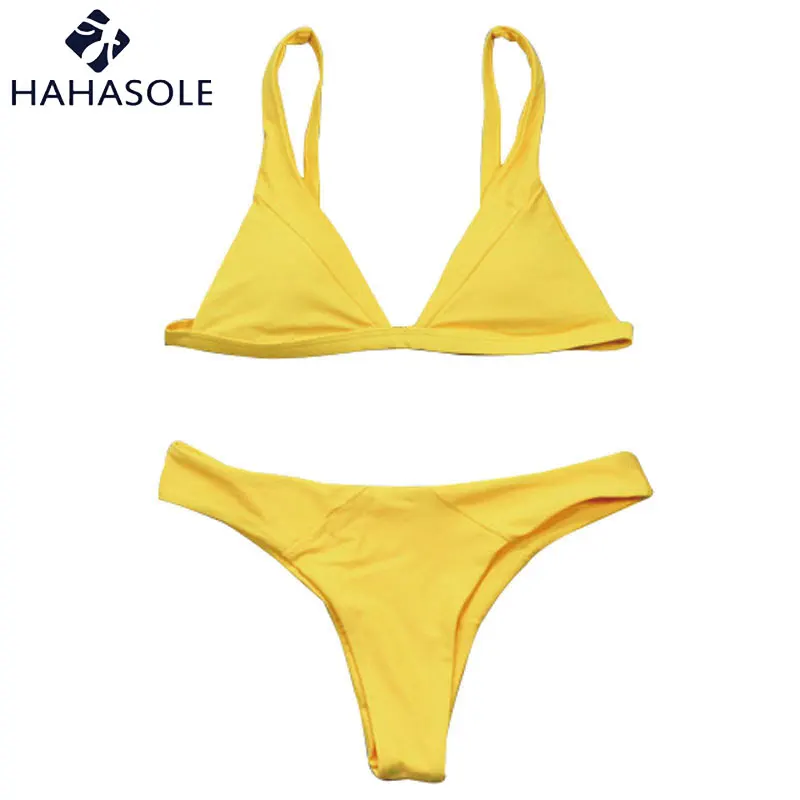 Hahasole Swimwear Bikini Set Solid Sexy Low Waist Bikini Push Up