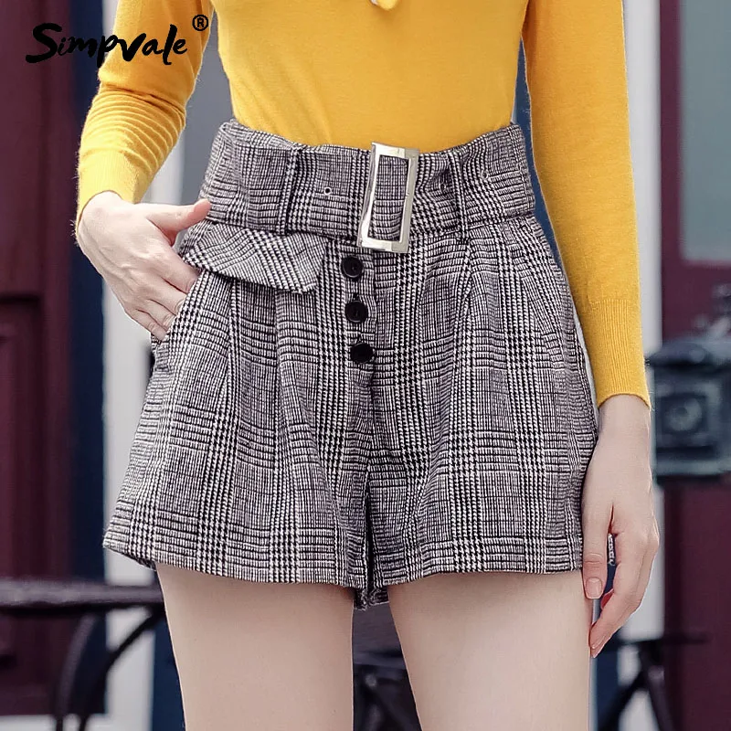 SIMPVALE Vintage Plaid High Waist Wool Shorts Women Button Fly A line ...