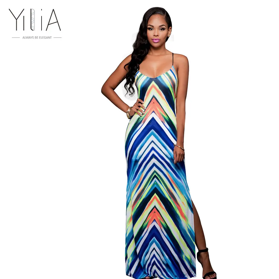 Yilia Summer Long Dress Women 2018 Boho Style Spaghetti Strap Striped