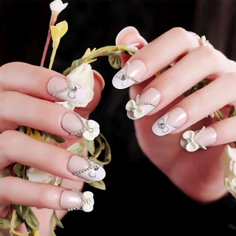 24pcs/Set Middle Long False Nails Pre finished Round Head Bowknot ...