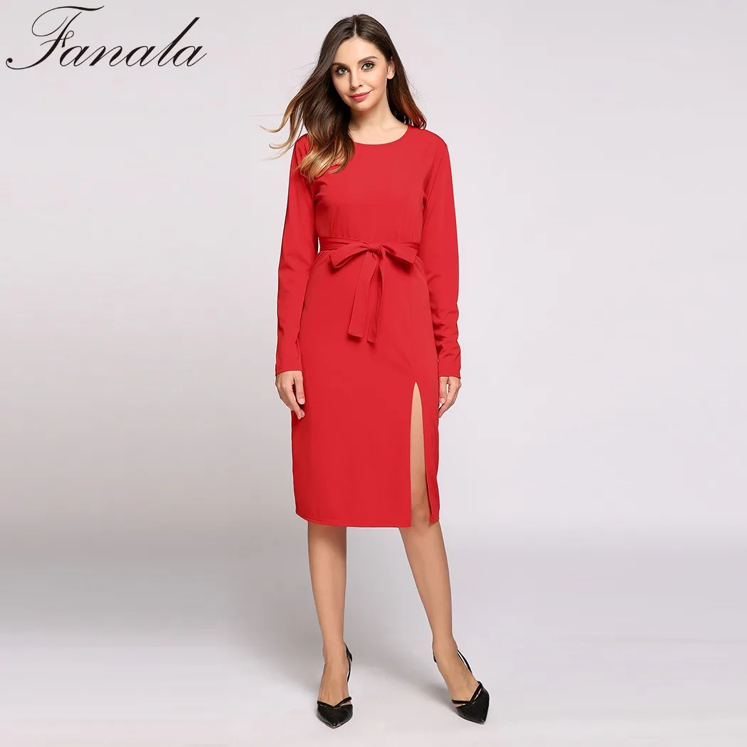 Fanala Casual Office Dress Long Sleeve Red Dress Women Summer Party
