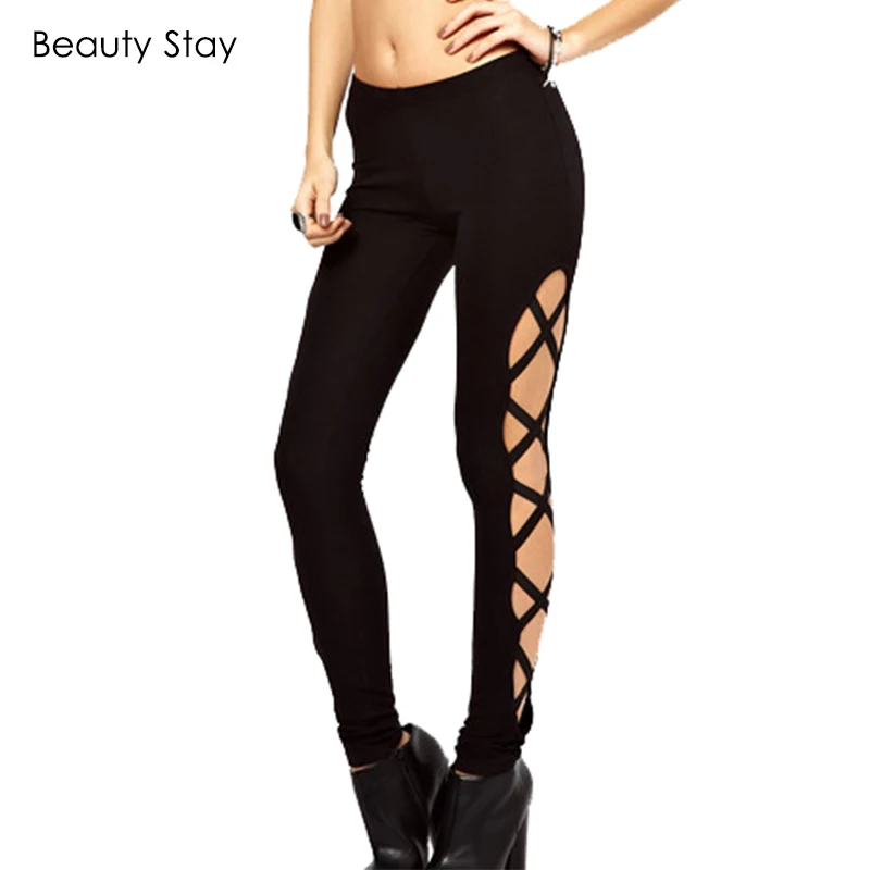 Beautystay Women Sexy Lateral Bandage Hollow Out Thin Leggings Casual