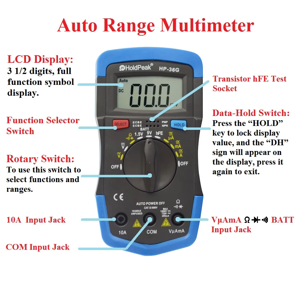 HoldPeak HP 36G Auto Range Digital Multimeter AC DC 200uA ~ 10A Current ...