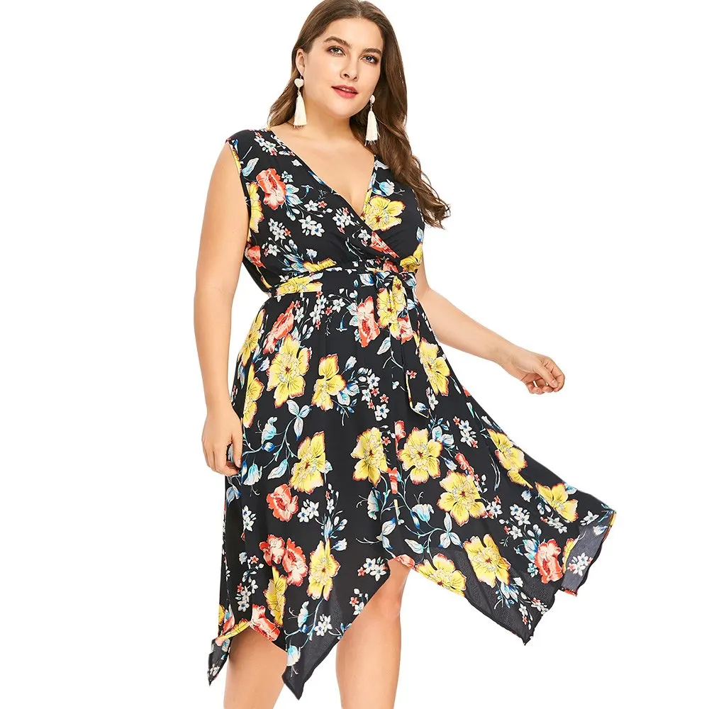 2018 Plus Size Women Dress Low Cut Flower Belted Dress L 5Xl Sleeveless ...