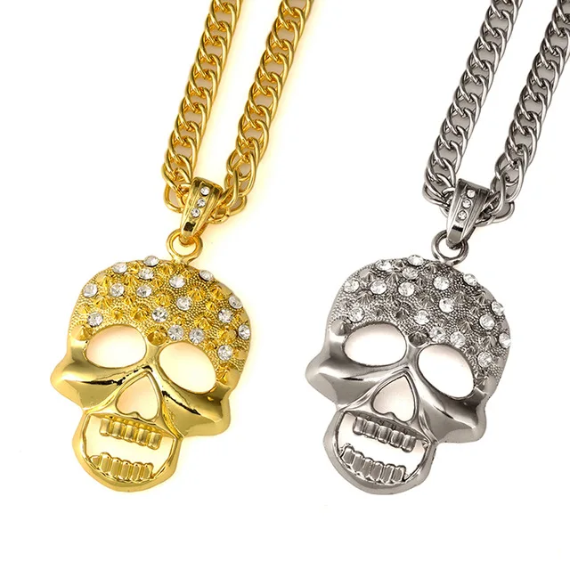 Men Bling 80Cm Rhinestone Skull head Big Necklaces Golden Hip Hop Ghost ...