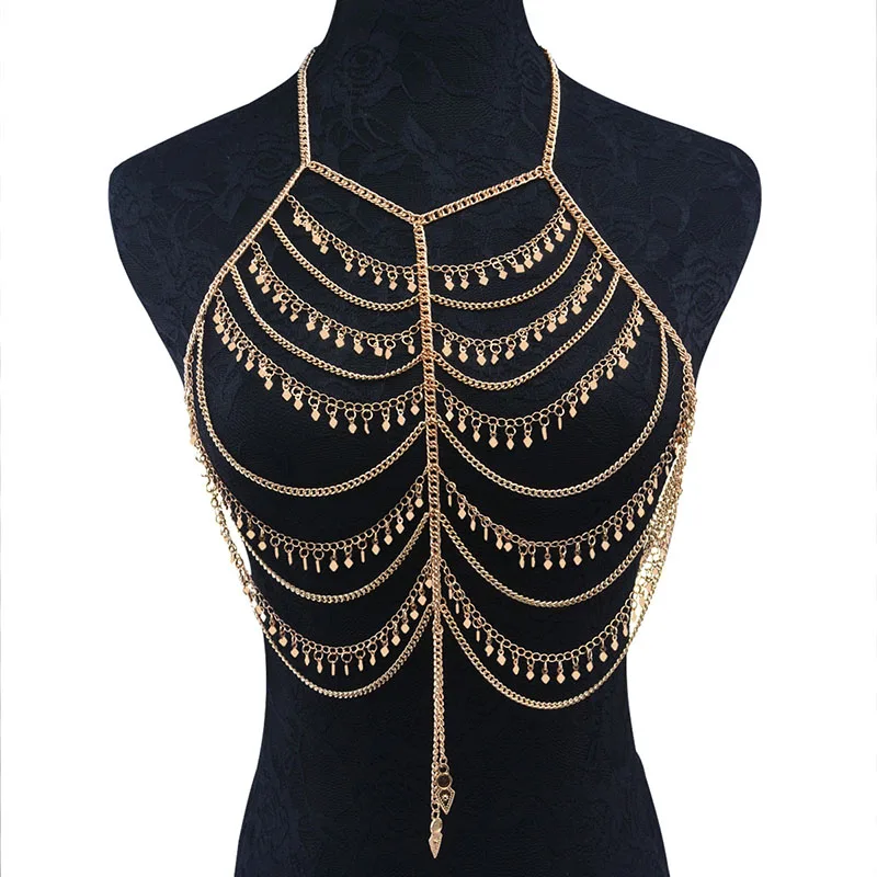 Sexy Body Chain Multilayered Tassel Bra Necklace Summer Beach Bikini Jewelry Gold Silver Color