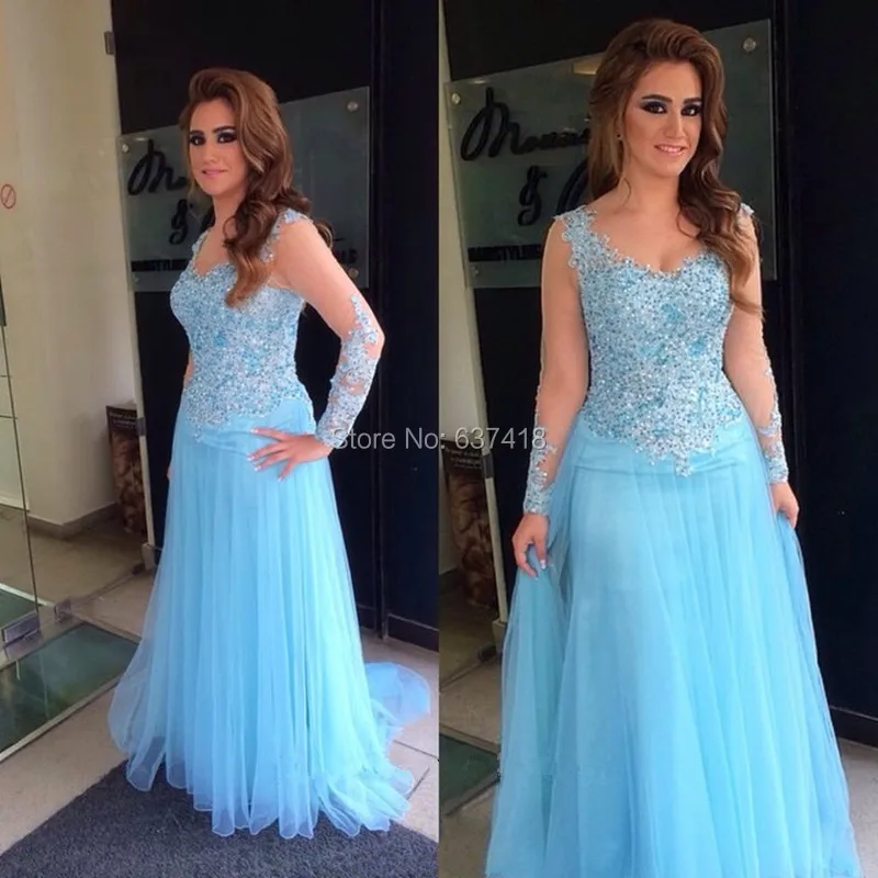 Abendkleider Blue Long Prom Dresses with Long Sleeves Lace Appliques ...